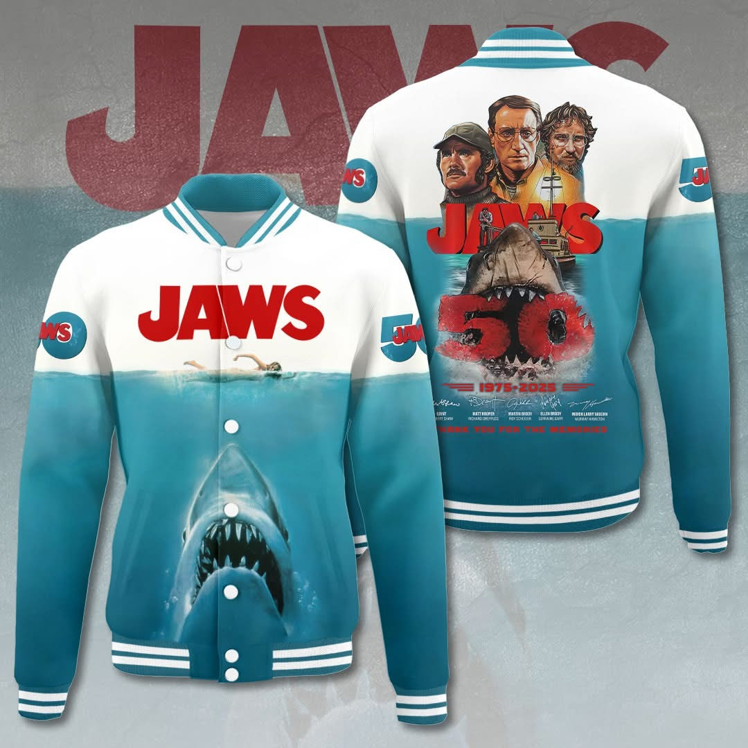 Jaws 50Th Anniversary 1975 2025 Varsity Jacket Thank You For The Movies ...